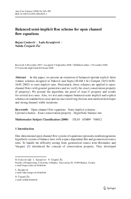 (PDF) Balanced semi-implicit Roe scheme for open channel flow equations