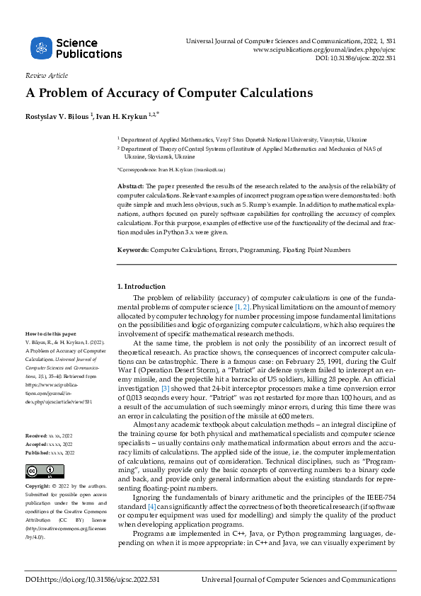 (PDF) A Problem of Accuracy of Computer Calculations