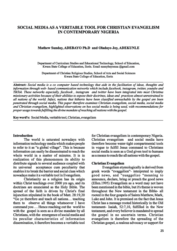 (PDF) SOCIAL MEDIA AS A VERITABLE TOOL FOR CHRISTIAN EVANGELISM IN ...