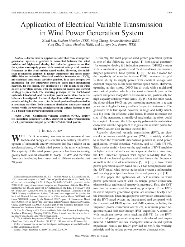 (PDF) Application of Electrical Variable Transmission in Wind Power Generation System