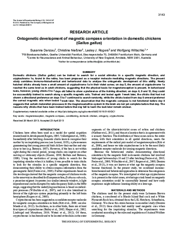 (PDF) Ontogenetic development of magnetic compass orientation in ...