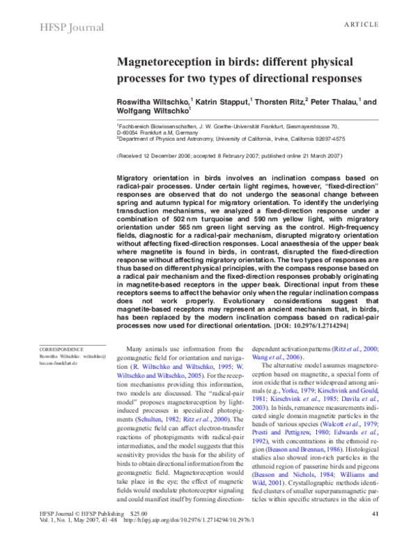 (PDF) Magnetoreception in birds: different physical processes for two ...