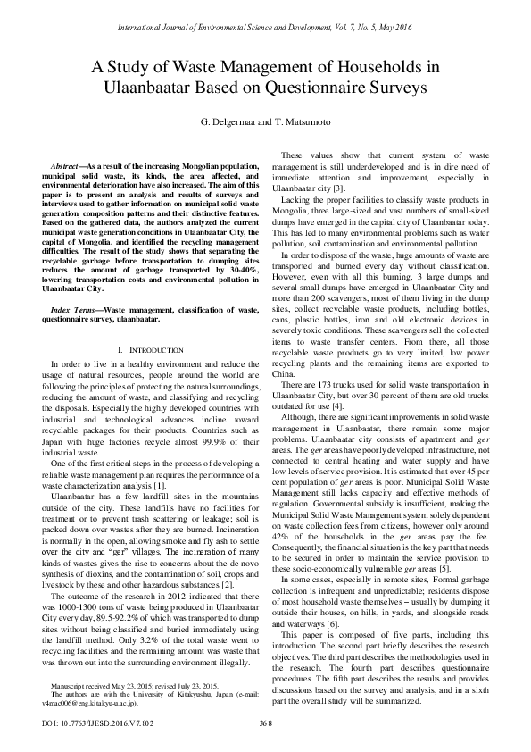 (PDF) A Study of Waste Management of Households in Ulaanbaatar Based on ...