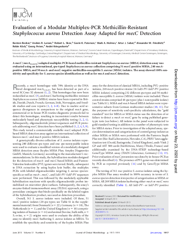 Pdf Evaluation Of A Modular Multiplex Pcr Methicillin Resistant Staphylococcus Aureus