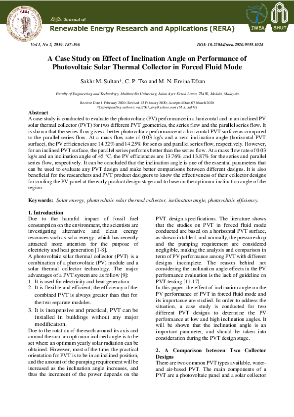 (PDF) A Case Study on Effect of Inclination Angle on Performance of Photovoltaic Solar Thermal ...