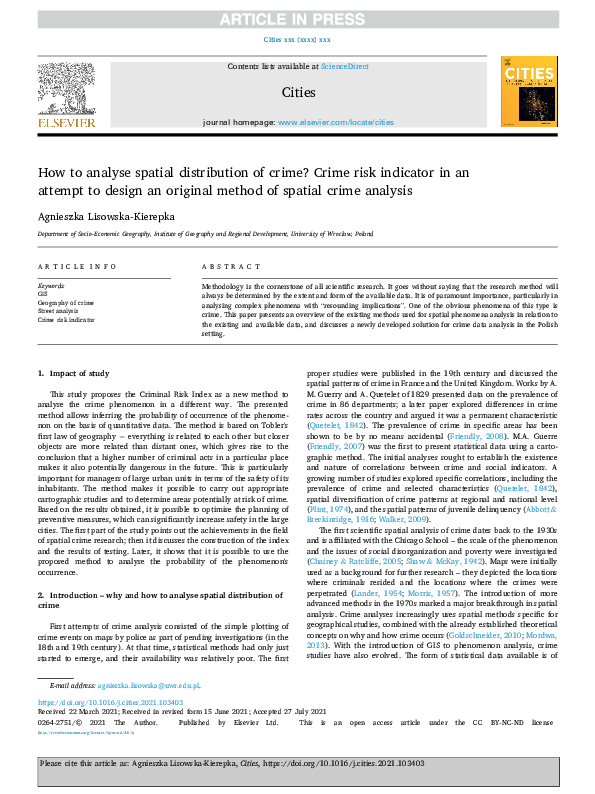 Pdf How To Analyse Spatial Distribution Of Crime Crime Risk Indicator In An Attempt To Design