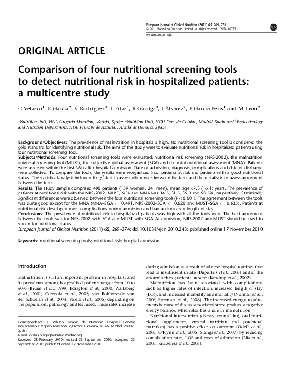 (PDF) Comparison of four nutritional screening tools to detect ...