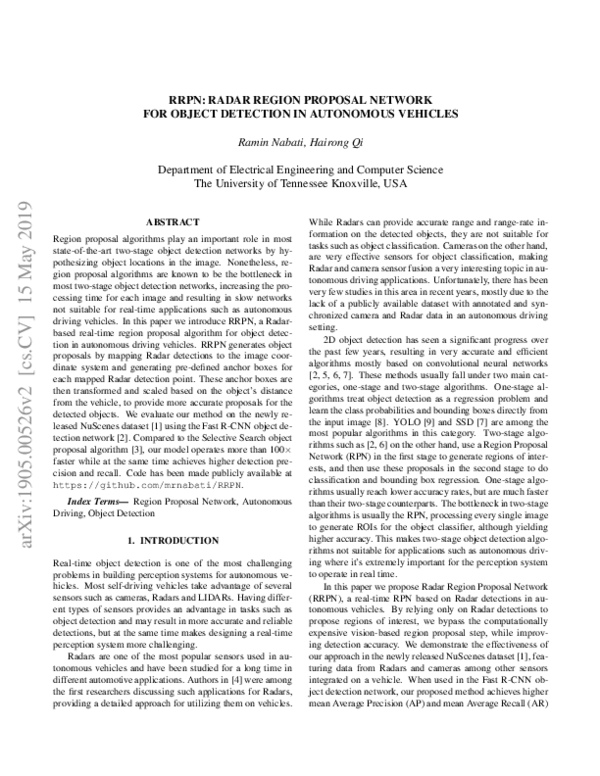 (PDF) RRPN: Radar Region Proposal Network for Object Detection in Autonomous Vehicles