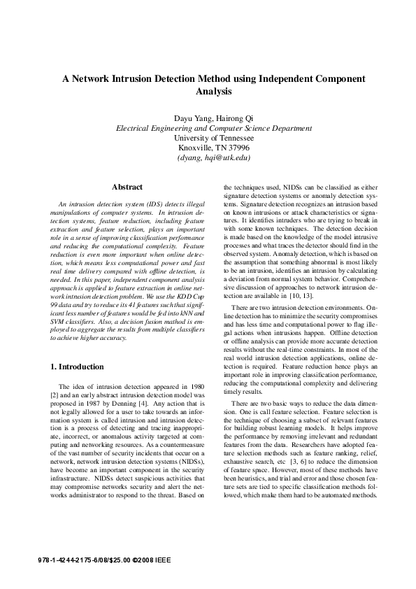 Pdf A Network Intrusion Detection Method Using Independent Component