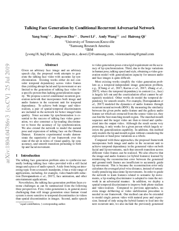 (PDF) Talking Face Generation by Conditional Recurrent Adversarial Network
