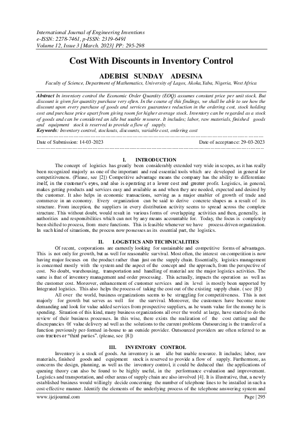 (PDF) Cost With Discounts in Inventory Control