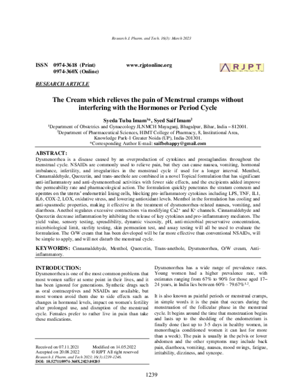 (PDF) The Cream which relieves the pain of Menstrual cramps without ...