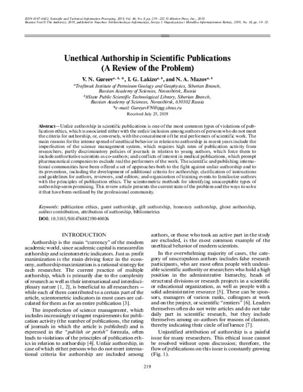 (PDF) Unethical Authorship in Scientific Publications (A Review of the ...