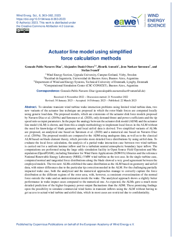 (PDF) Actuator line model using simplified force calculation methods (PDF) Actuator line model using simplified force calculation methods