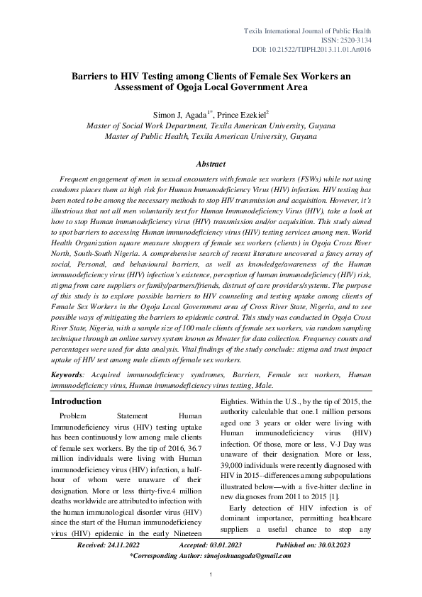 Pdf Barriers To Hiv Testing Among Clients Of Female Sex Workers An Assessment Of Ogoja Local
