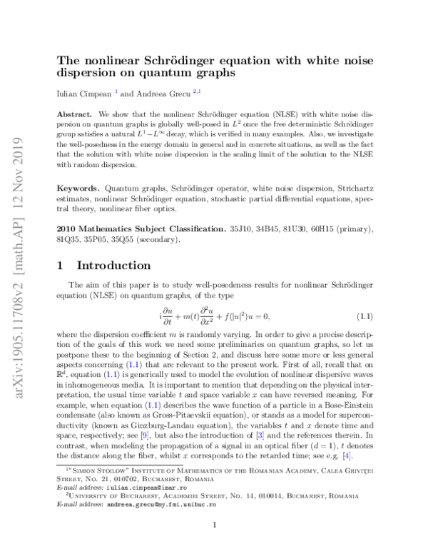 (PDF) The nonlinear Schrödinger equation with white noise dispersion on quantum graphs