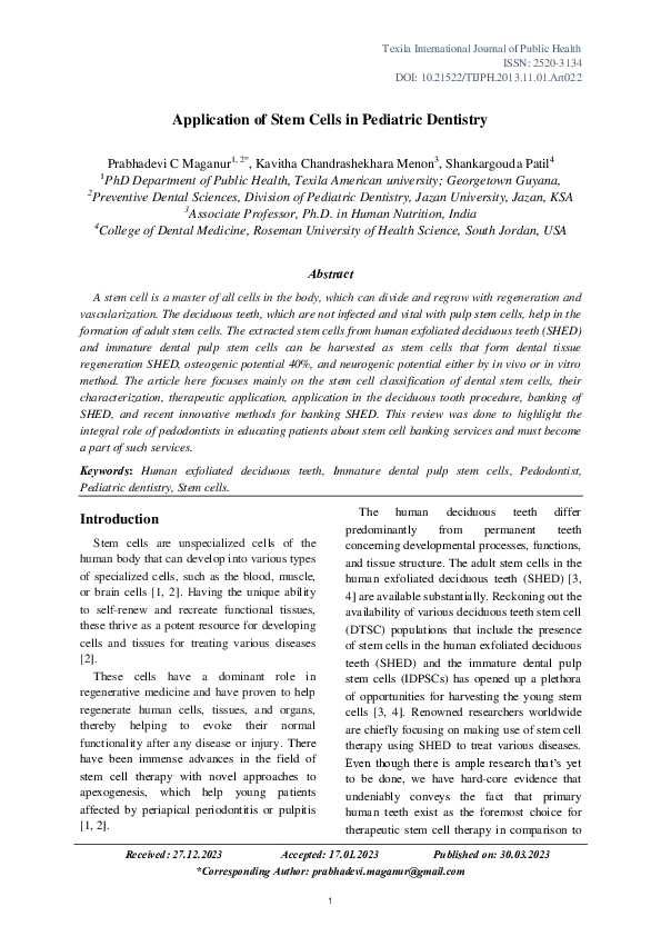 (PDF) Application of Stem Cells in Pediatric Dentistry