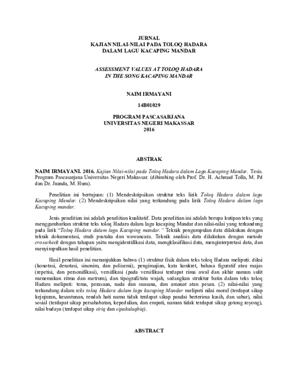 (DOC) Kajian Nilai-Nilai Pada Toloq Hadara Dalam Lagu Kacaping Mandar ...