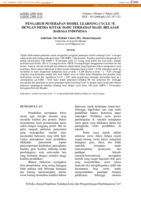 (PDF) Pengaruh Penerapan Model Learning Cycle 7E Dengan Media Kotak Dadu Terhadap Hasil Belajar ...