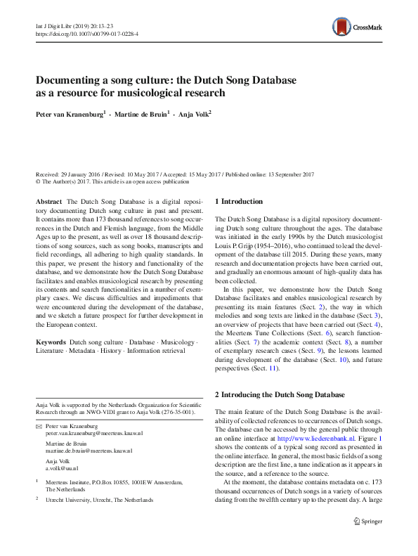 (PDF) Documenting a song culture: the Dutch Song Database as a resource ...