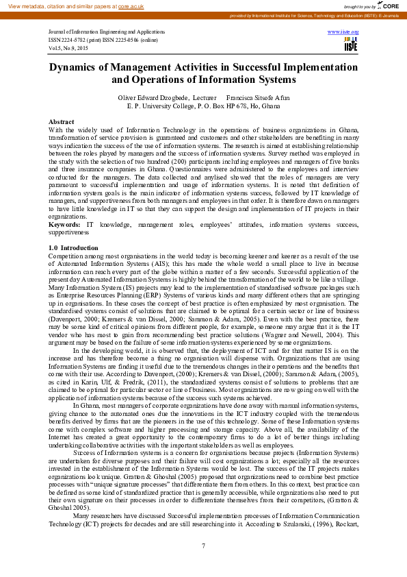 (PDF) Dynamics of Management Activities in Successful Implementation and Operations of ...