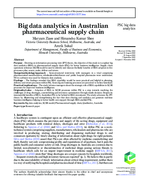 (PDF) Big data analytics in Australian pharmaceutical supply chain