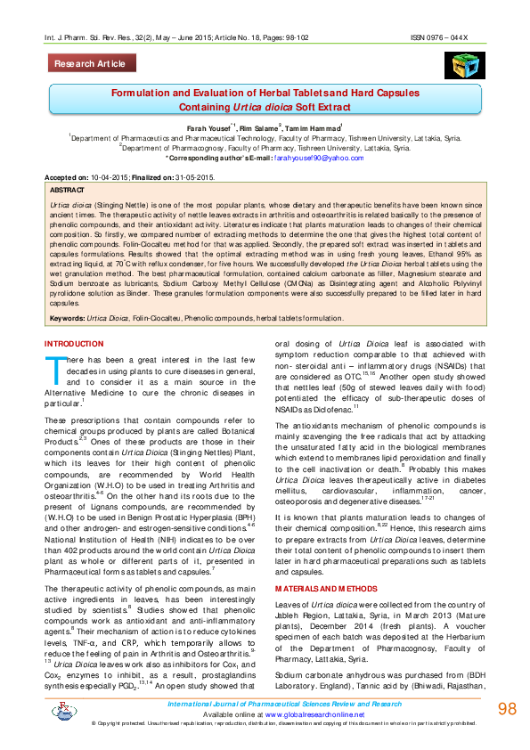 (PDF) Formulation and Evaluation of Herbal Tablets and Hard Capsules ...