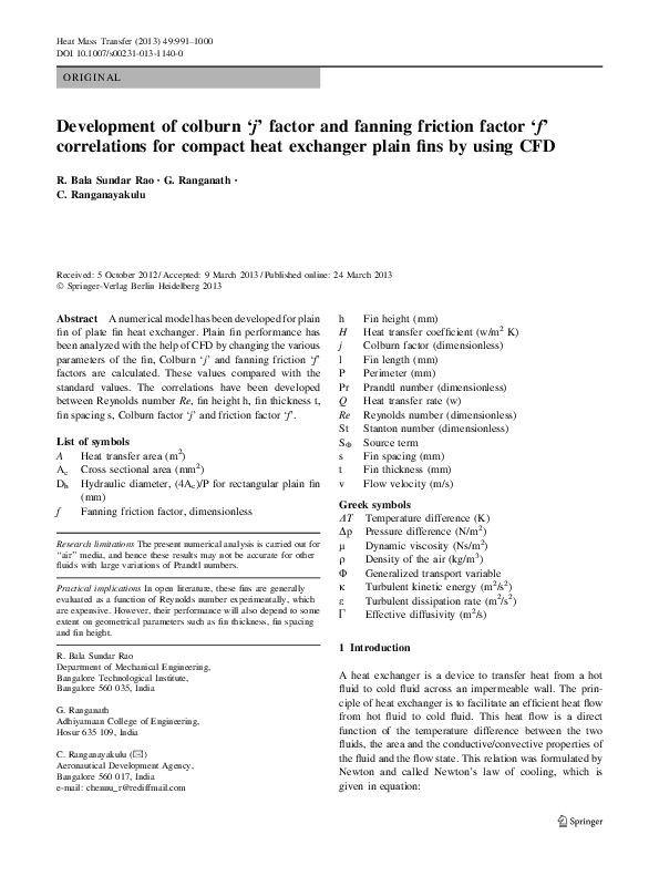 (PDF) Development of colburn ‘j’ factor and fanning friction factor ‘f ...