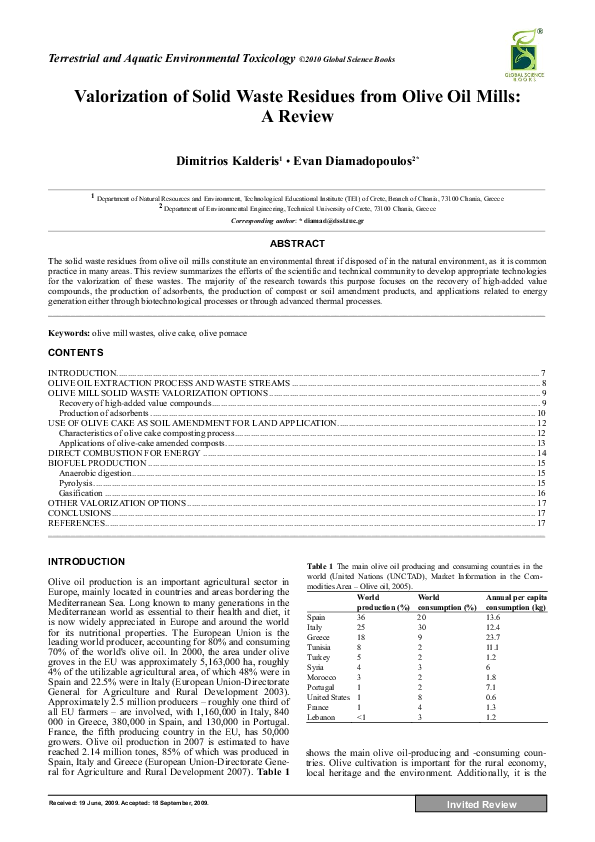 (PDF) Valorization of solid waste residues from olive oil mills: a review