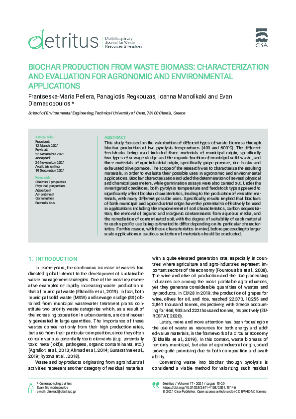 (PDF) Biochar Production from Waste Biomass: Characterization and ...