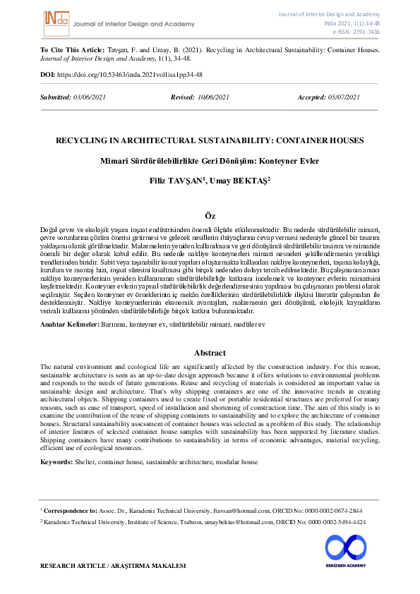 (PDF) Mimari Surdurulebilirlikte Geri Donusum Konteyner Evler