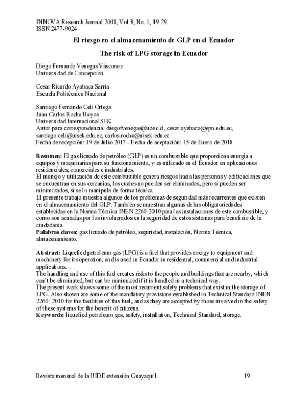 (PDF) El riesgo en el almacenamiento de GLP en el Ecuador | Santiago ...