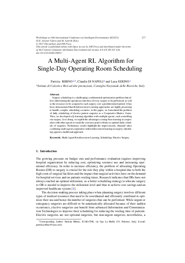 (PDF) A Multi-Agent RL Algorithm for Single-Day Operating Room Scheduling