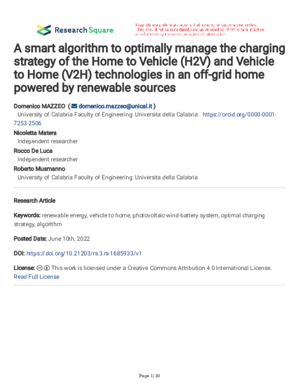 (PDF) A smart algorithm to optimally manage the charging strategy of the Home to Vehicle (H2V ...