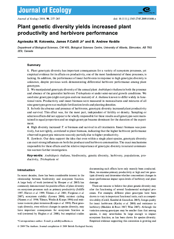 (PDF) Plant genetic diversity yields increased plant productivity and ...