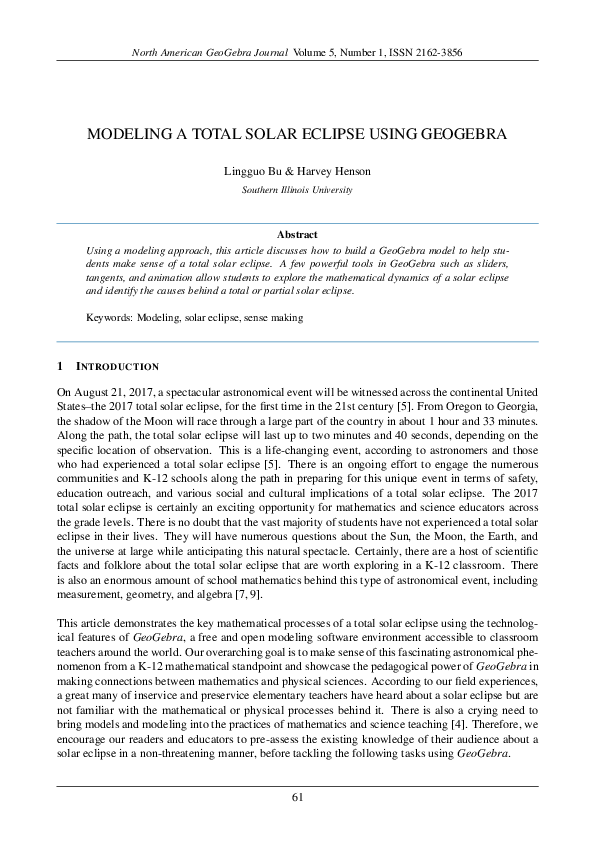(PDF) Modeling a Total Solar Eclipse Using Geogebra