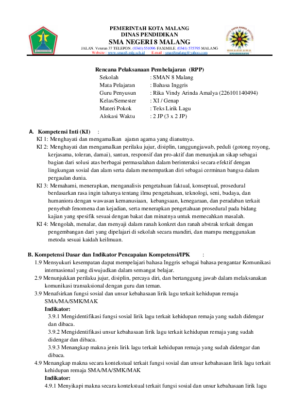 (PDF) Rencana Pelaksanaan Pembelajaran (RPP) - KD 3.9 Lagu
