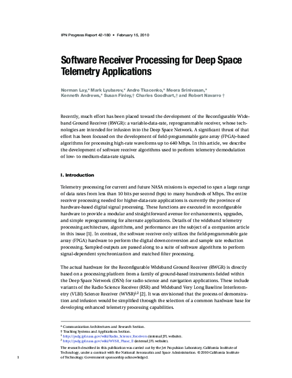 (PDF) Software Receiver Processing for Deep Space Telemetry Applications