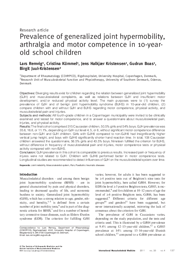 (PDF) Prevalence of generalized joint hypermobility, arthralgia and ...