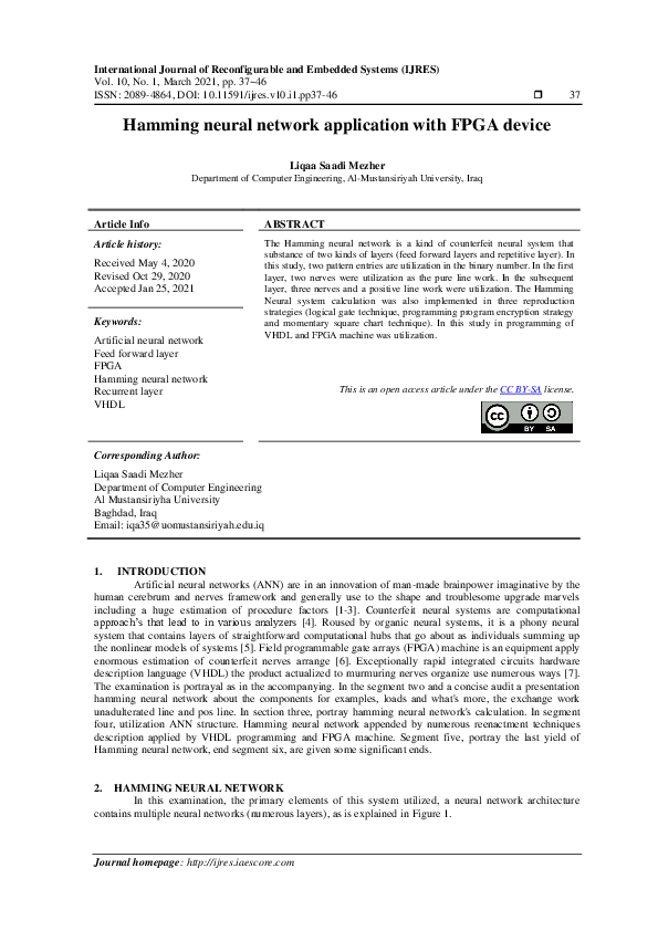 Pdf Hamming Neural Network Application With Fpga Device