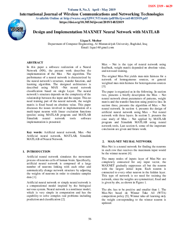 (PDF) Design and Implementation MAXNET Neural Network with MATLAB