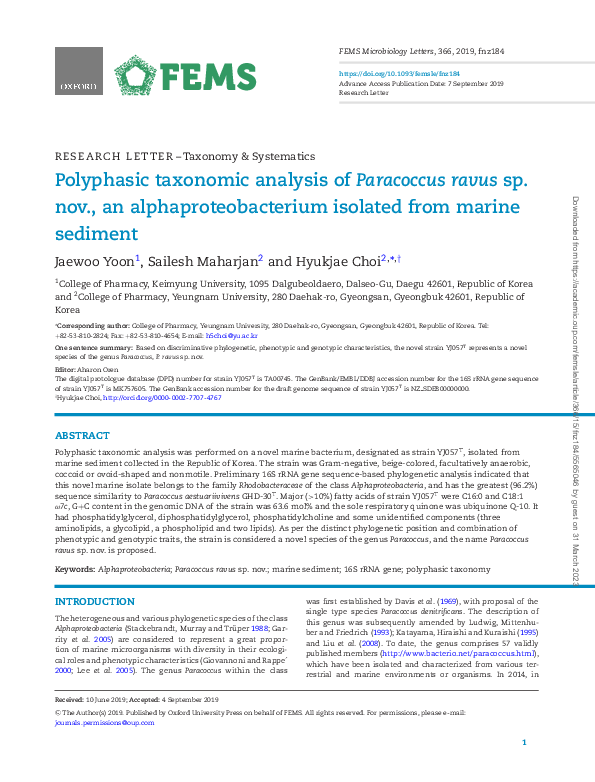(PDF) Polyphasic taxonomic analysis of Paracoccus ravus sp. nov., an ...