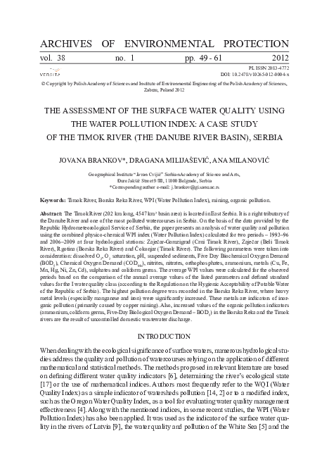 (PDF) The Assessment of the Surface Water Quality Using the Water ...