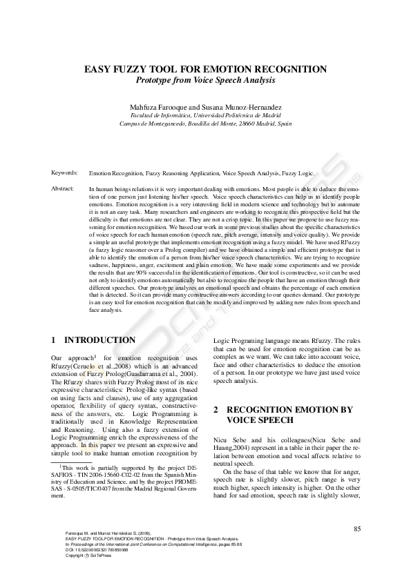 (PDF) EASY FUZZY TOOL FOR EMOTION RECOGNITION - Prototype from Voice Speech Analysis