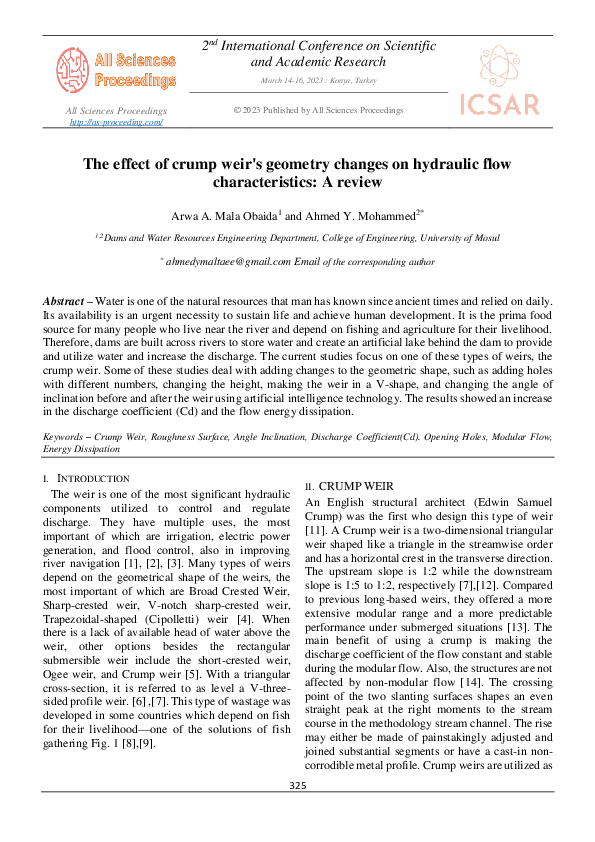 (PDF) The effect of crump weir's geometry changes on hydraulic flow characteristics: A review