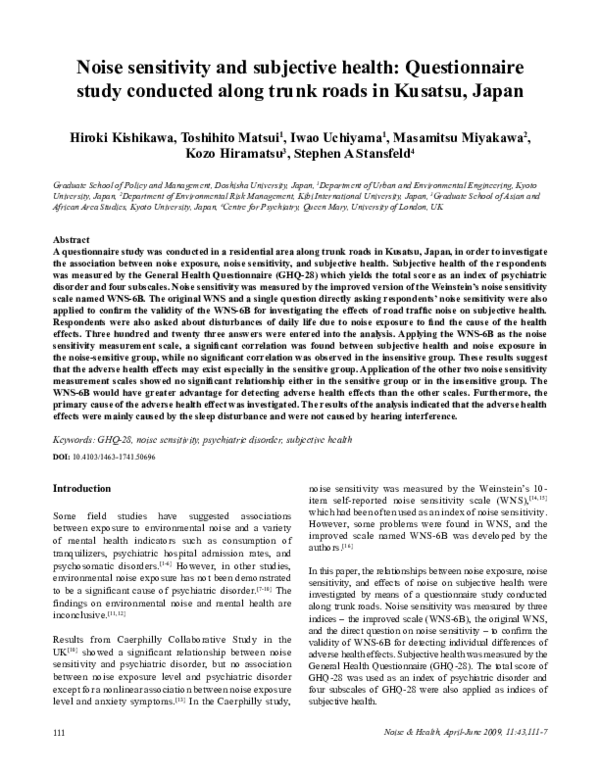 (PDF) Noise sensitivity and subjective health: Questionnaire study ...