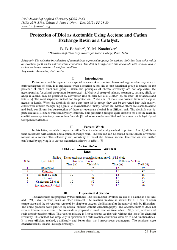 (PDF) Protection of Diol as Acetonide Using Acetone and Cation Exchange ...
