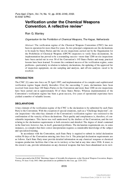 (PDF) Verification under the Chemical Weapons Convention. A reflective ...