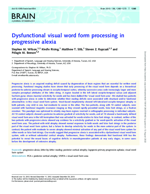 (PDF) Dysfunctional visual word form processing in progressive alexia