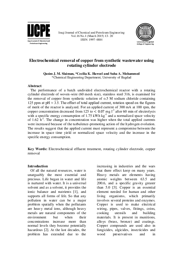 (PDF) Electrochemical removal of copper from synthetic wastewater using rotating cylinder electrode